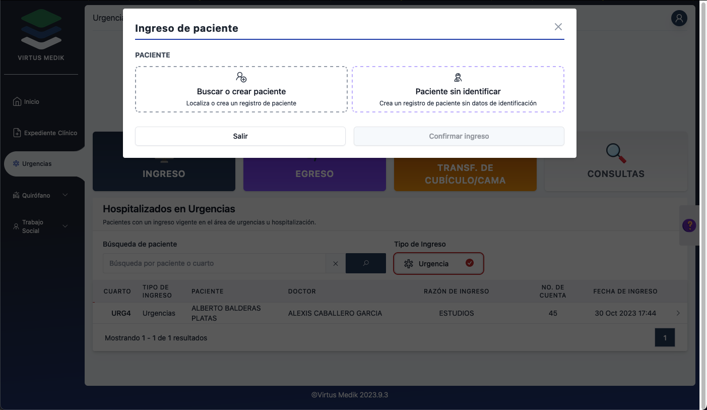 Ingresar paciente - Virtus Medik Hospital